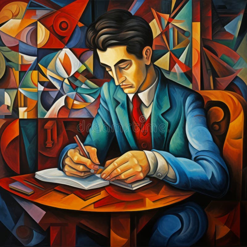 Dynamic Cubism Painting: Man Writing in Book with Dreamlike Qualities ...