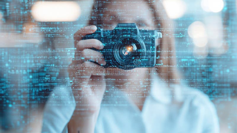 A Person Capturing a Photo with a Camera, Digital Data Overlay, Modern ...