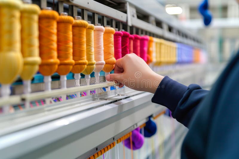Person Carefully Adjusting Tension Settings on a Yarn Processing ...