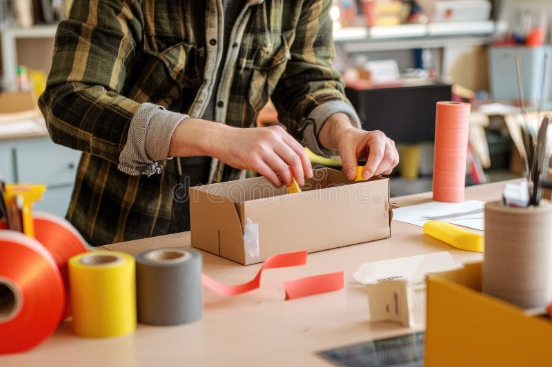 Person Carefully Assembling Cardboard Box with Colorful Tape and ...