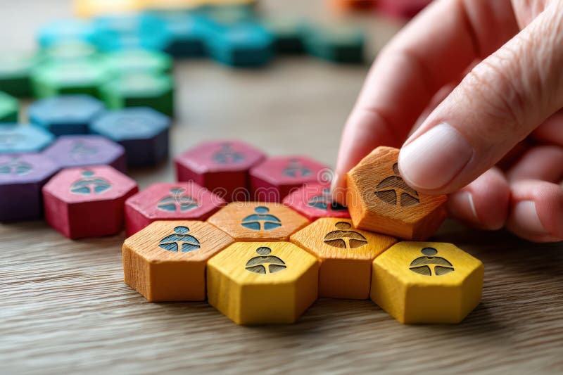 A Person is Carefully Stacking Various Wooden Figures on a Table Stock ...