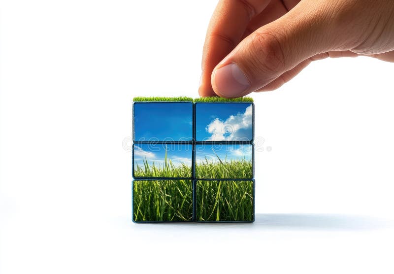 A Person Carefully Stacks Several Blue Blocks upon the Grass Surface ...