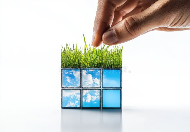 A Person Carefully Stacks Several Blue Blocks upon the Grass Surface ...