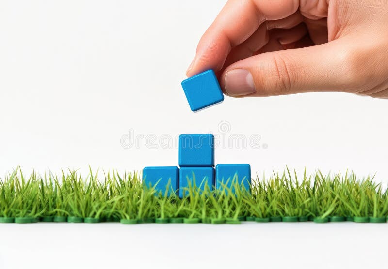 A Person Carefully Stacks Several Blue Blocks upon the Grass Surface ...