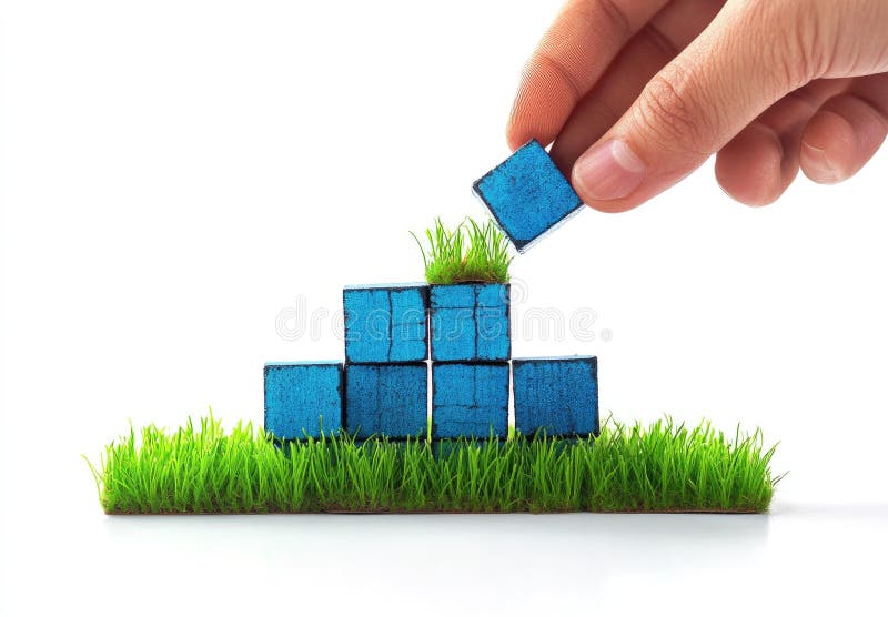 A Person Carefully Stacks Several Blue Blocks upon the Grass Surface ...