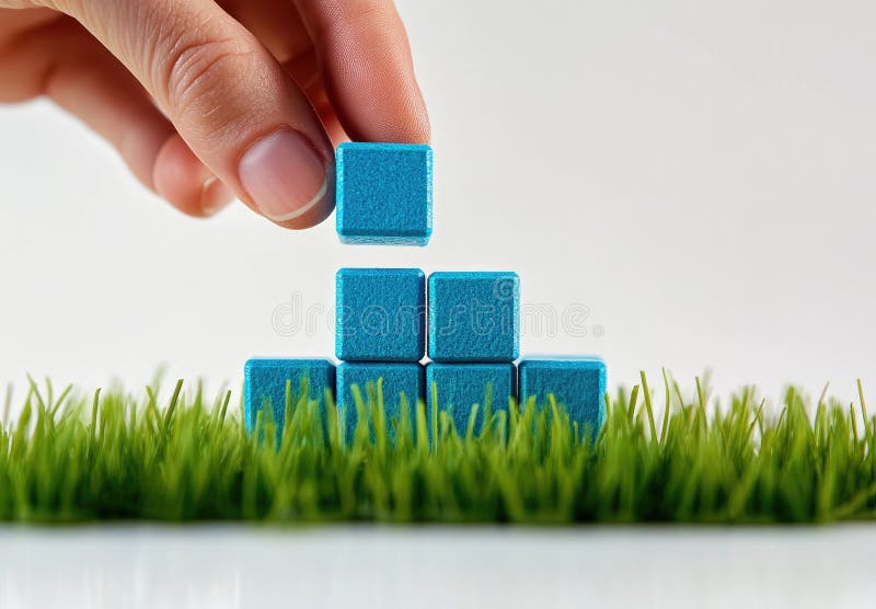 A Person Carefully Stacks Several Blue Blocks upon the Grass Surface ...