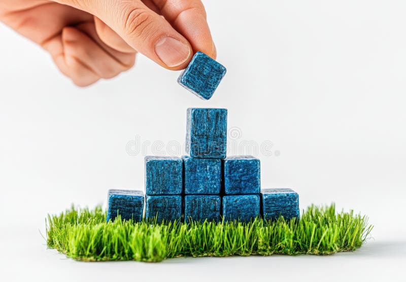 A Person Carefully Stacks Several Blue Blocks upon the Grass Surface ...