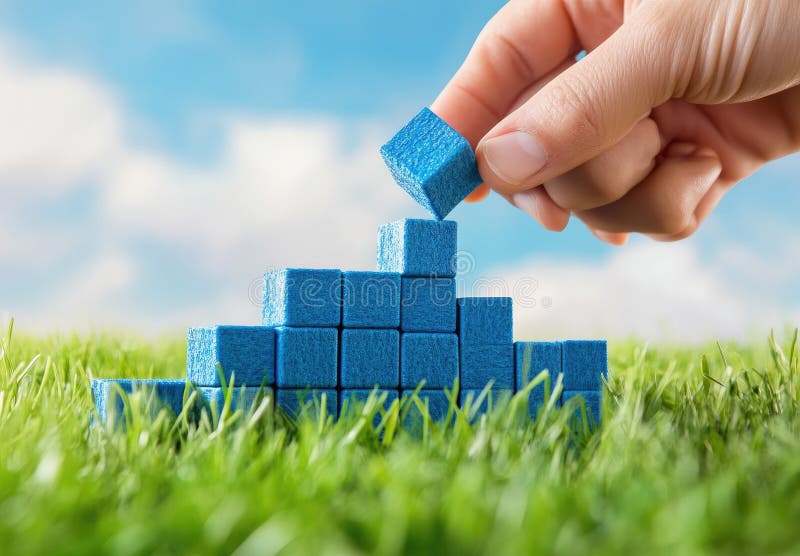 A Person Carefully Stacks Several Blue Blocks upon the Grass Surface ...