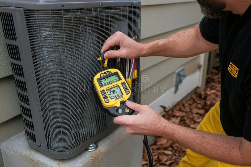 A Person Checks an Air Conditioners Temperature with a Thermometer ...