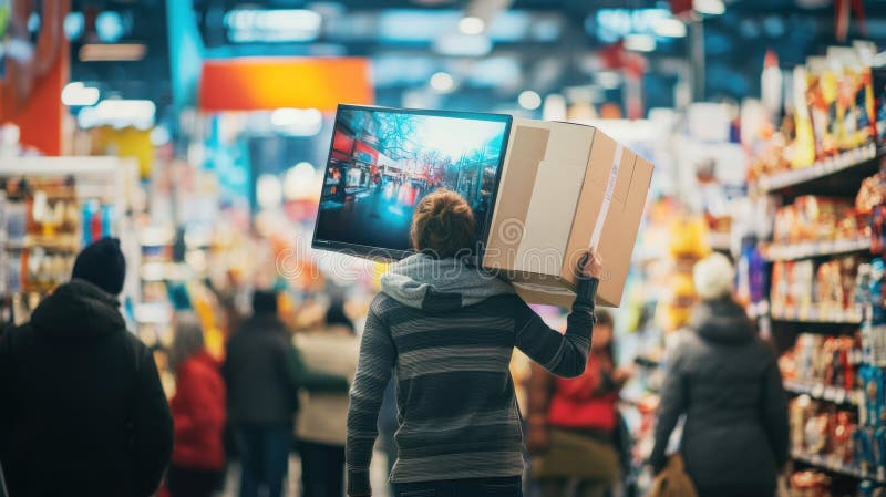 Person Carrying Large Box in Crowded Supermarket Stock Illustration ...