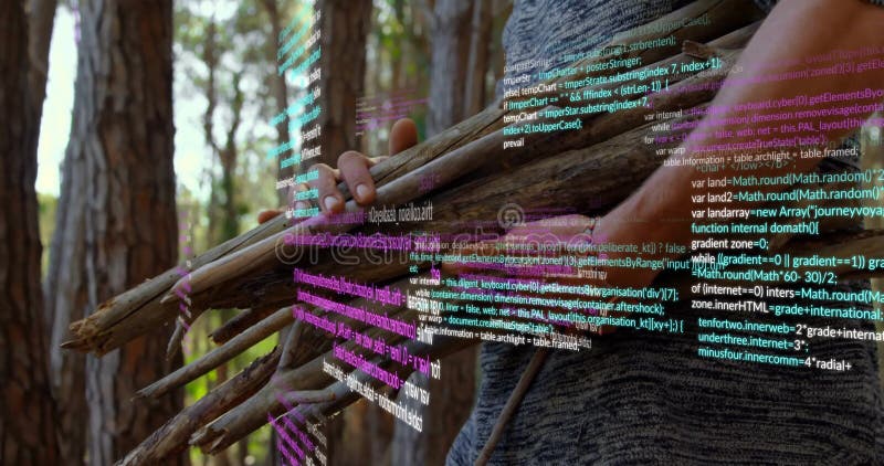 Person Carrying Sticks with Colorful Coding Animation Overlay in Forest ...
