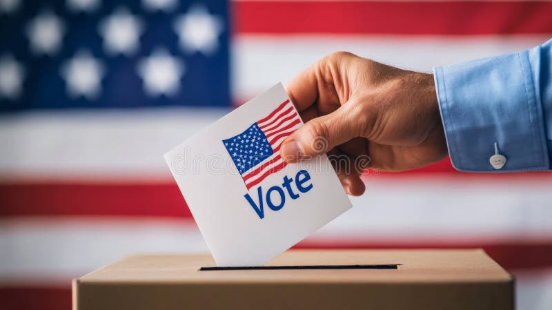 Person Casting Vote in Ballot Box during Election with American Flag in ... Person Casting Vote in Ballot Box during Election with American Flag in ...