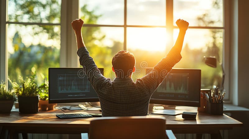 A Person Celebrates Success at Their Desk with Computers and Plants ...