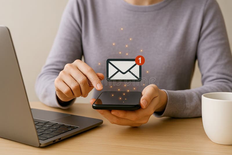 Person Checking Email Notification on Smartphone while Working on ...