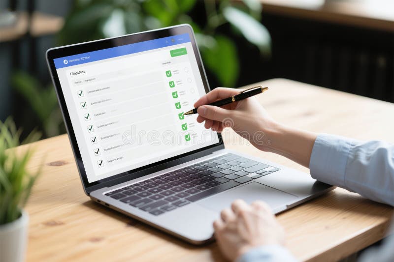 Person Checking Off Tasks on Laptop Stock Illustration - Illustration ...