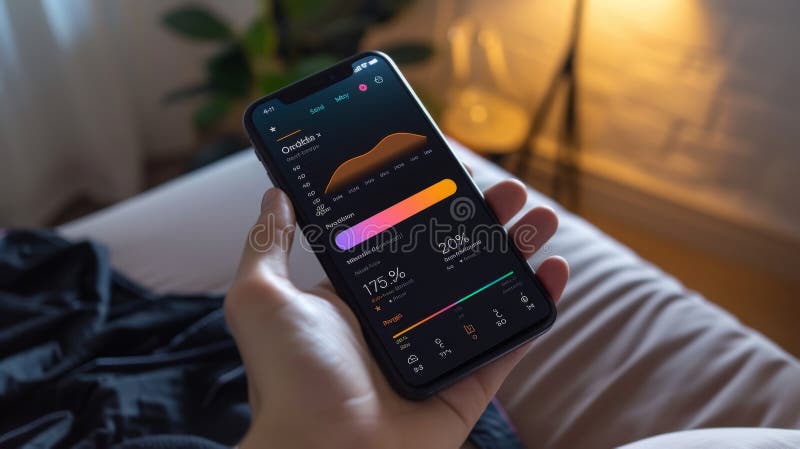 Person Checking Phone Data with Graph and Statistics on Bed at Night ...