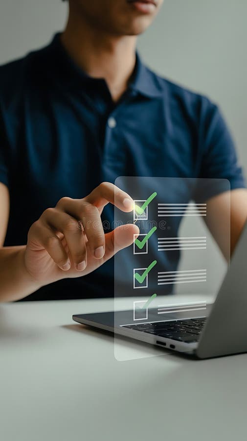 Person Checking Task List with Green Check Marks on Virtual Screen ...