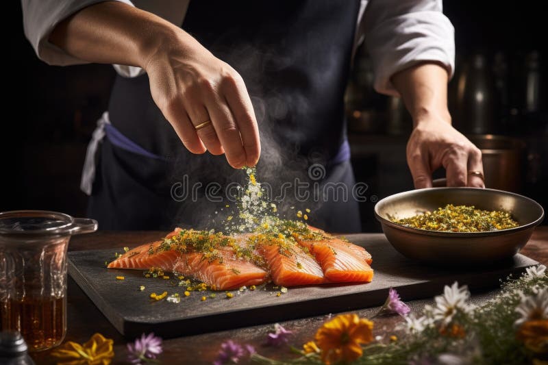 A Person in a Chefs Apron Plating Smoked Salmon Stock Image - Image of ...