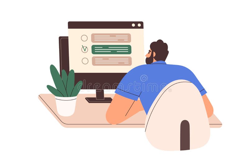 Person Choosing Answer in Online Test on Computer Screen. Man Student ...