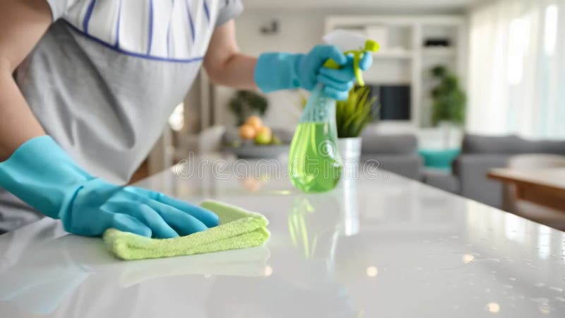 Cleaning Kitchen Surfaces Thoroughly with Spray and Cloth for a Tidy ...