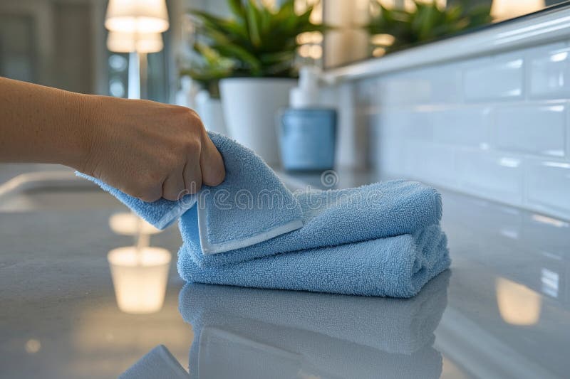 Person is Cleaning Mirror Using Microfiber Cloth while Standing in Well ...