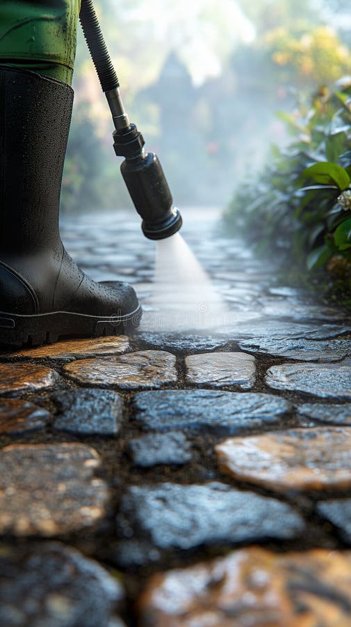 Person Cleaning a Stone Path with a Pressure Washer in the Garden Stock ...