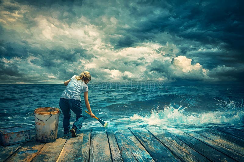 Person Cleaning Water from a Wooden Pier, Dramatic Cloud Backdrop Stock ...