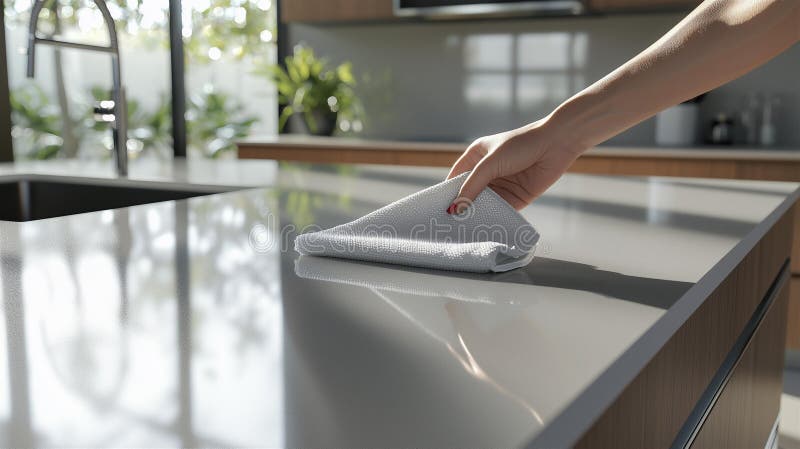 A Photorealistic Image of a Person Wiping Kitchen Counters with a Cloth ...