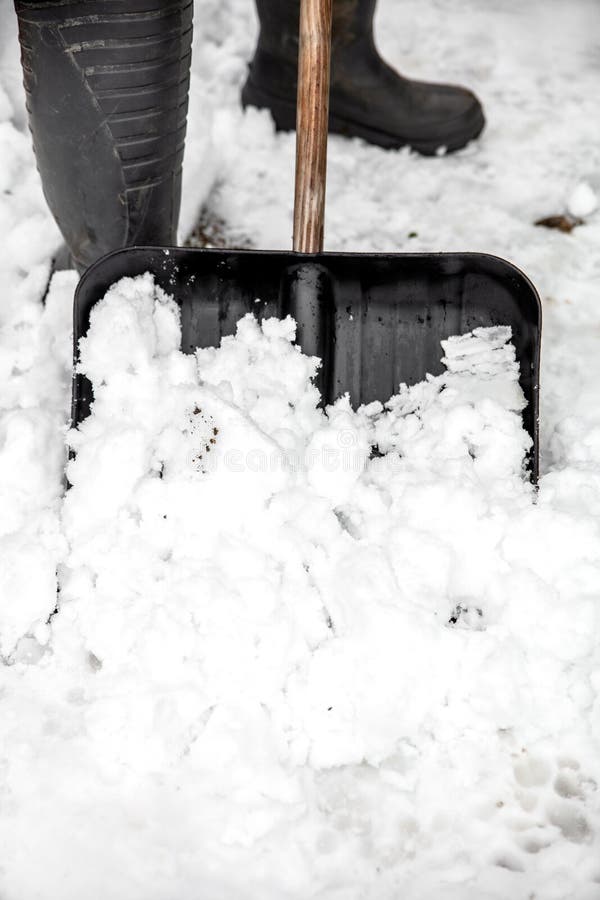 Person Clear the Snow on the Path, Snow Pusher or Shovel Stock Photo ...