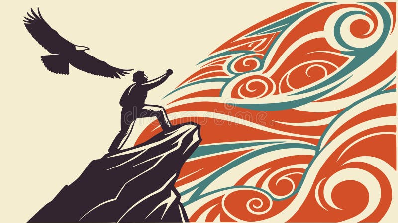 Person on Cliff with Eagle and Abstract Waves, Vector Design Generative ...