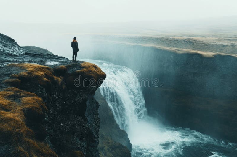 Person on Cliff Overlooking Waterfall Stock Photo - Image of adventure ...