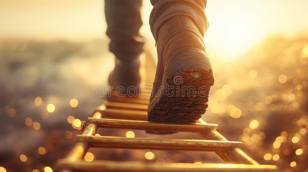 Person Climbing Ladder at Sunset, Symbolizing Progress. Stock Photo ...