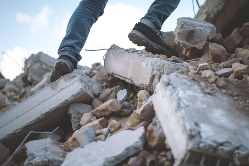 Person Climbing Over Fallen Rubble Stock Image - Image of danger ...