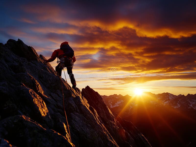 A Person Climbing Up a Mountain at Sunset Stock Image - Image of ...