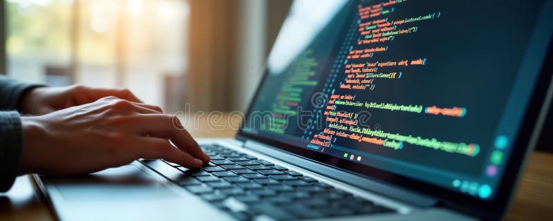 Person Codes on Laptop with Javascript, Binary Code. Modern Tech, Future Trends. Mobile App Dev ...