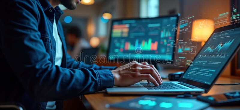 Person Codes on Laptop in Tech Office. Person Works with Digital ...