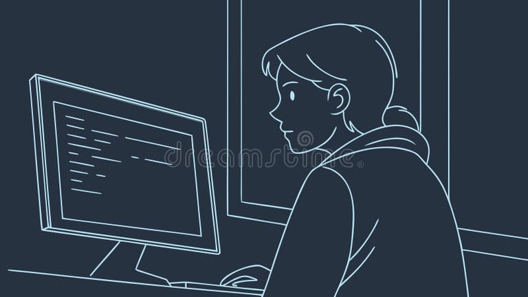 Person Coding at Computer, Concentration and Digital Creation, Vector ...