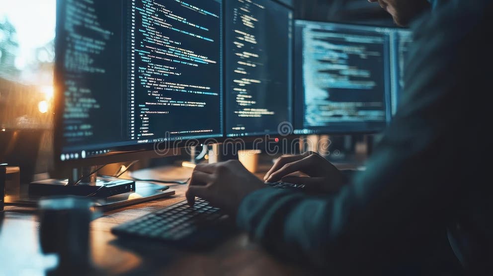 A Person Coding At A Computer Desk With Multiple Monitors Displaying Programming Code Stock
