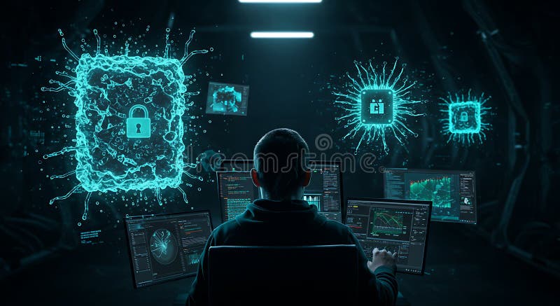 Person Coding at Computer with Digital Security Visuals Concept Stock ...