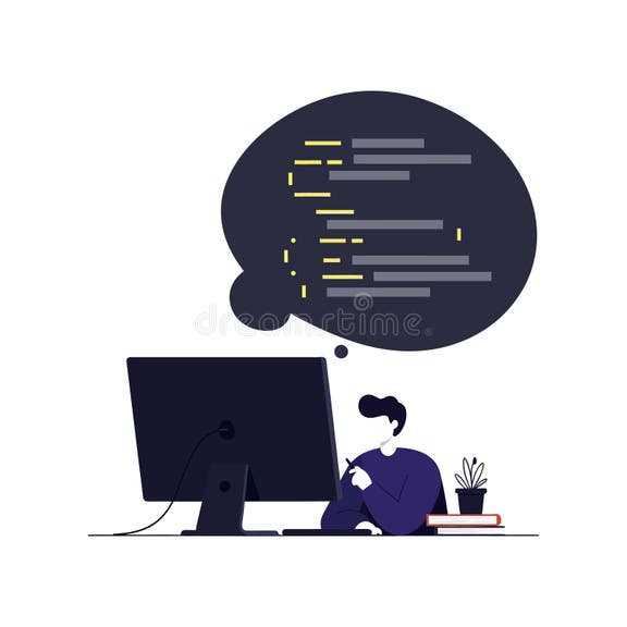 Person Coding at a Computer with Thought Bubble of Code Snippets Stock ...