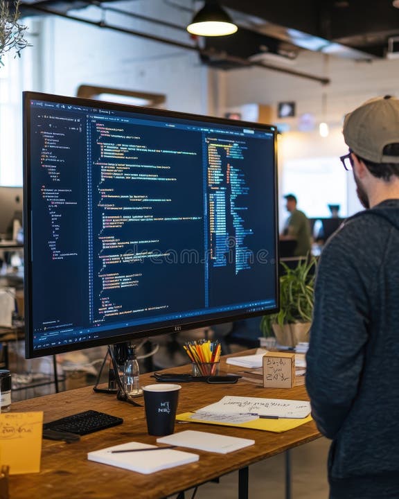 A Person Coding at a Desk with a Large Monitor Displaying Programming ...