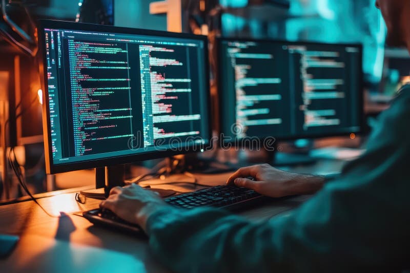 A Person Coding on Dual Monitors Displaying Programming Scripts in a Dimly Lit Environment Stock ...