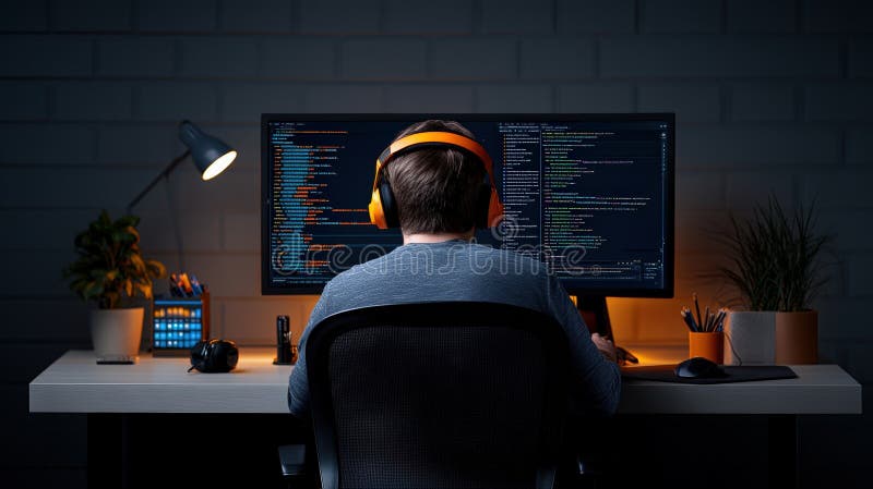 Person Coding On Dual Monitors With Headphones In A Modern Workspace Stock Illustration