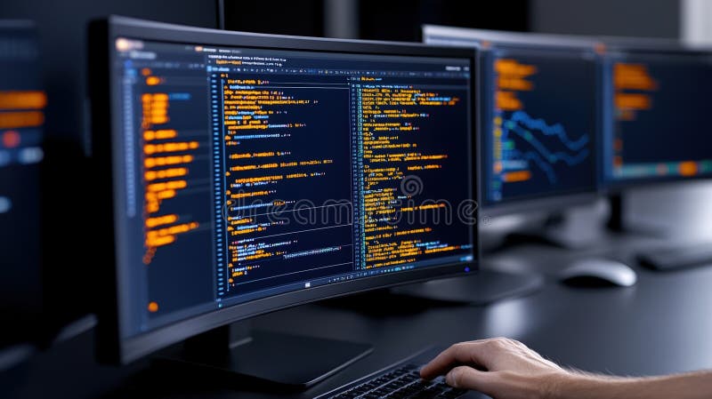 Person Coding on Dual Monitors with Vibrant Programming Interface Stock ...