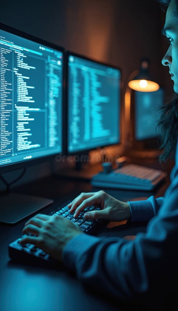 Person Coding at Illuminated Workplace. Programmer Works on Project at Night Stock Illustration ...