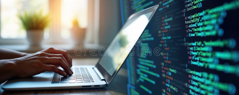 Person Coding on Laptop. Hands Typing on Laptop Keyboard. Laptop Screen ...