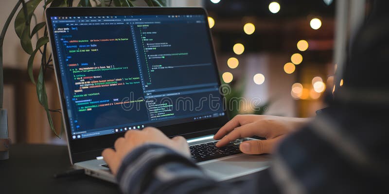 Programmer Coding On Laptop Night Modern Software Development Technology Web Code Work Data