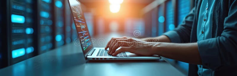 Person Coding On Laptop Software Engineer Works With Data Management System Database Computer