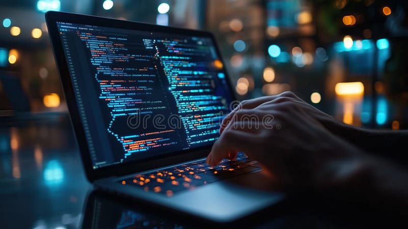 Person Coding Laptop Vibrant Programming Code Screen Generated Ai Stock Photos - Free & Royalty ...