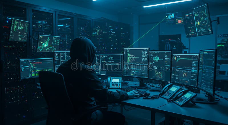 Person Coding with Multiple Monitors in Dark Data Center Room Stock ...